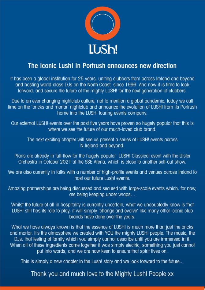 Iconic LUSH! nightclub in Portrush is to close - transformation into ...